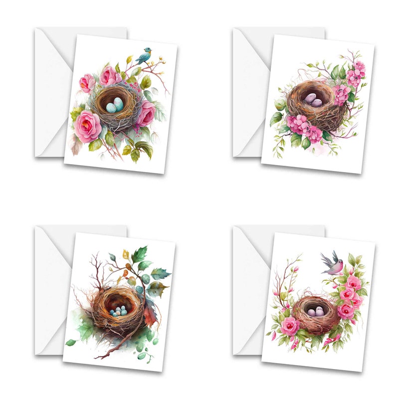 Assorted Note Cards, Watercolor Bird Nest Greeting Card Set - Set of 16, Birds Notecards, Blank ...