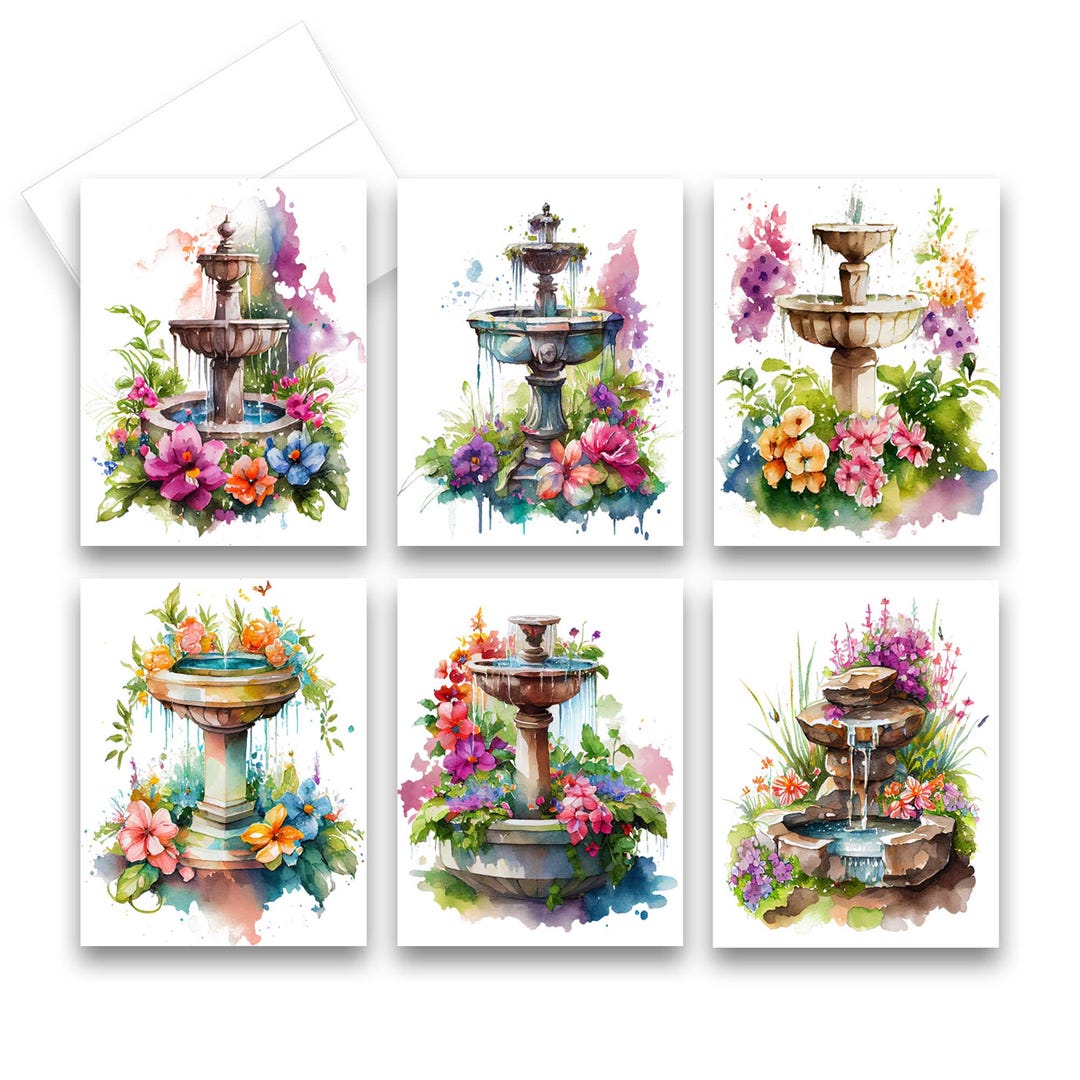 Note Card Set, Water Fountain Cards, Assorted Cards, Watercolor Note ...