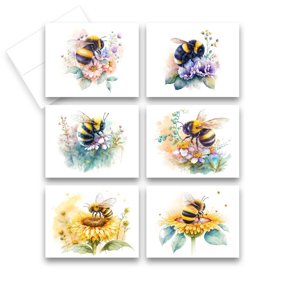 Assorted Cards, Bumble Bee Cards, Set of Blank Note Cards, Flower ...