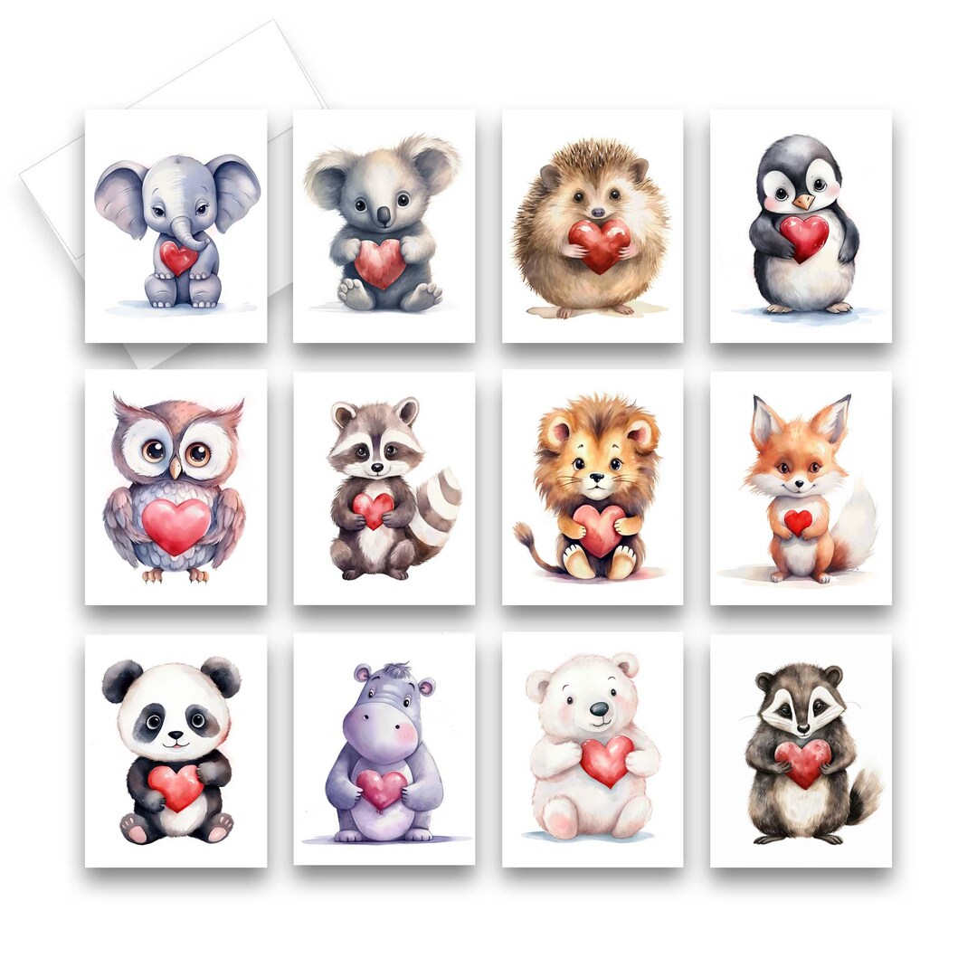 Assorted Cards, Watercolor Valentine Animal Cards, Blank Cards ...