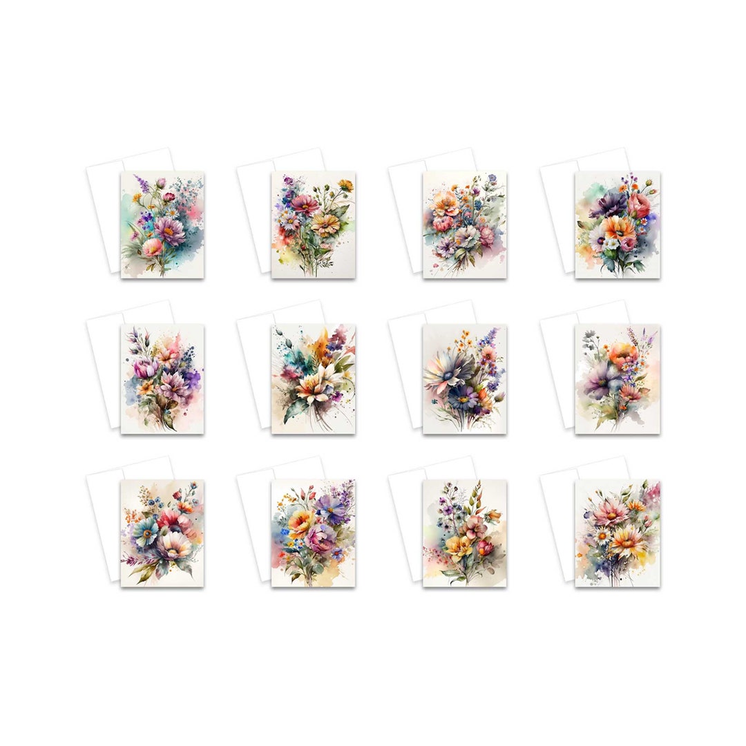 Assorted Watercolor Flowers Greeting Card Set, Wildflower Cards, Blank ...