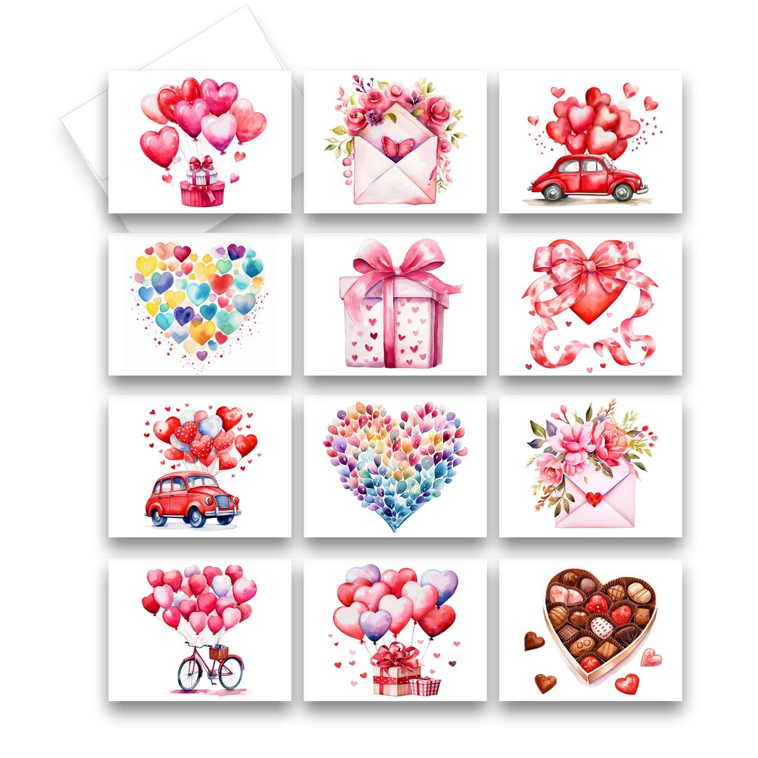 Assorted Watercolor Valentine Card Set, Blank Cards, Notecards With ...