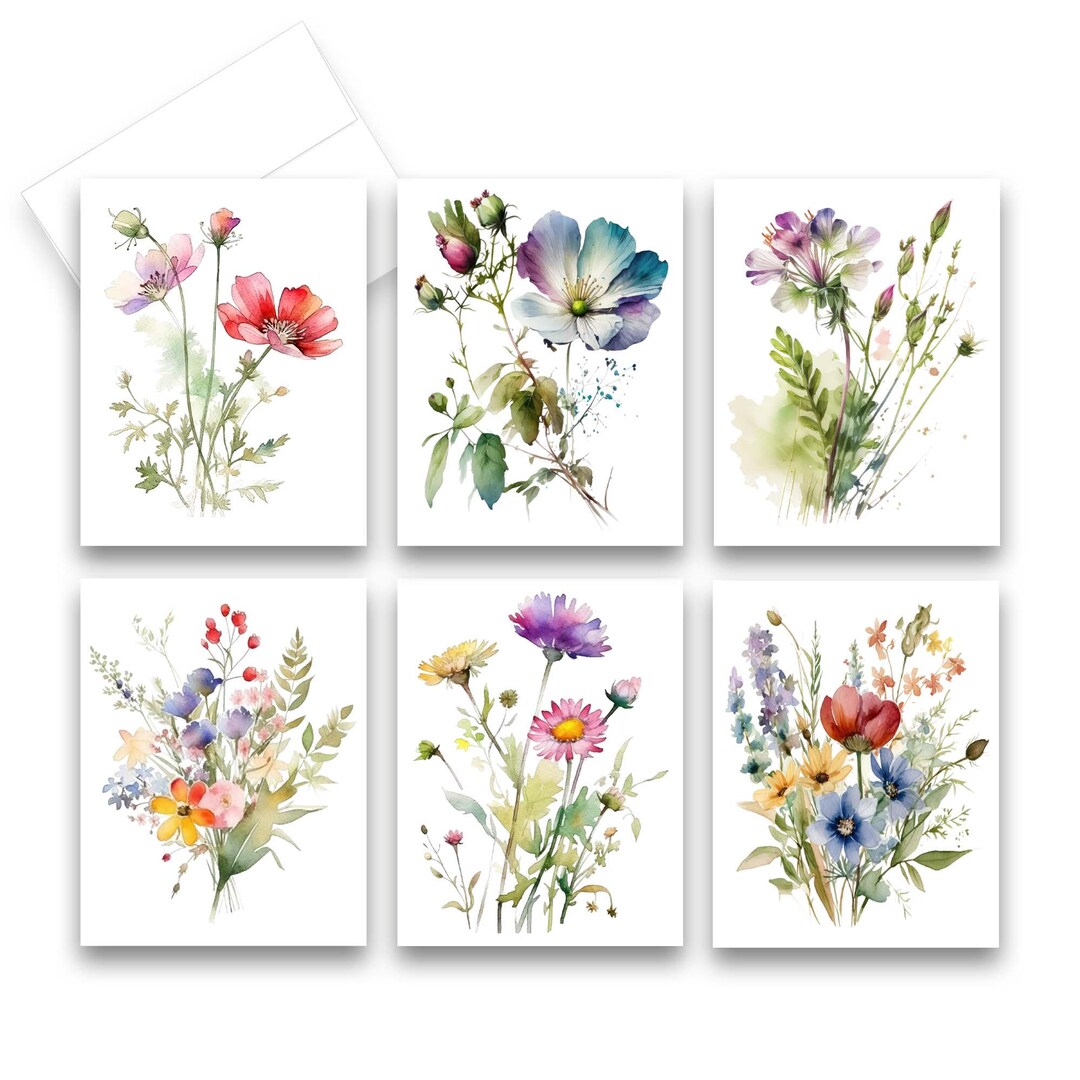 Note Card Set, Assorted Wild Flower Greeting Cards, Floral Stationery ...