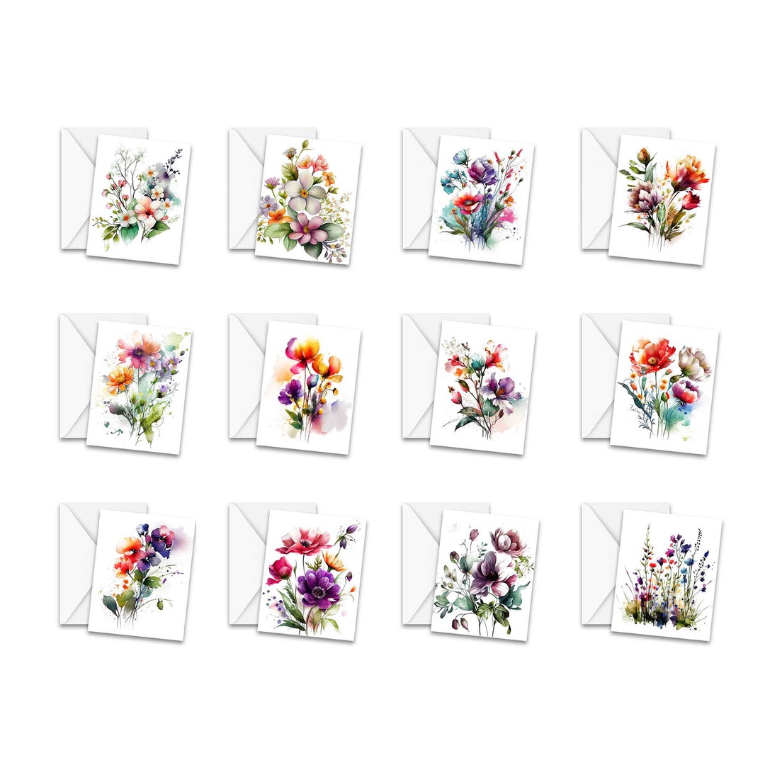 NOTECARDS, Assorted Watercolor Flowers Greeting Card Set, Stationery ...