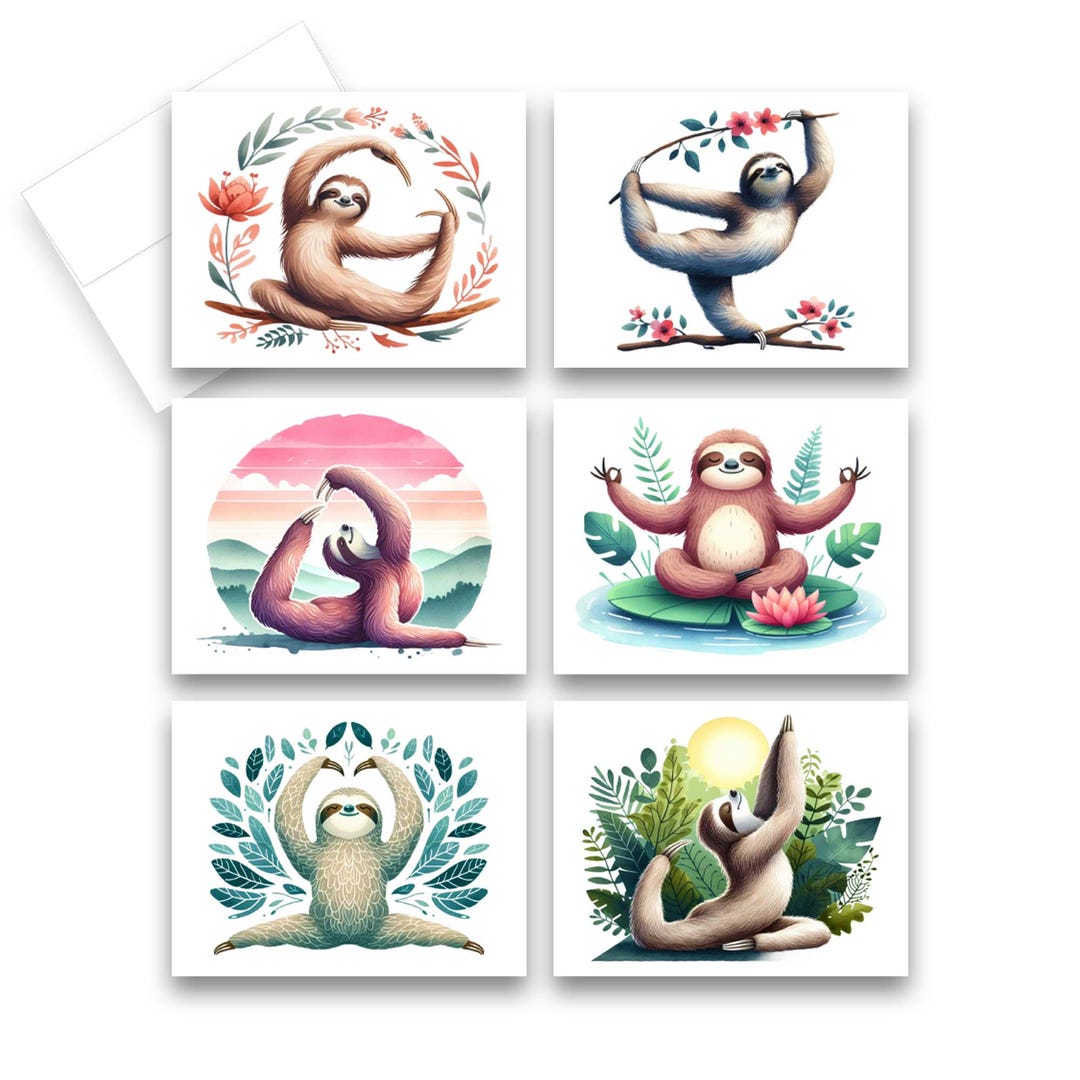 Assorted Greeting Cards, Sloth Yoga Cards, Yoga Animal Cards, Assorted ...