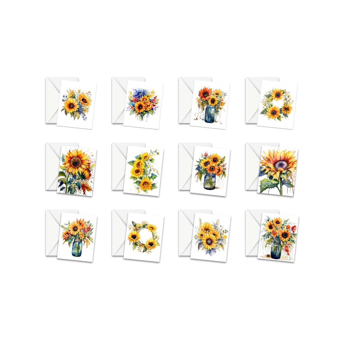 NOTECARDS, Assorted Watercolor Sunflower Greeting Card Set, Stationery ...
