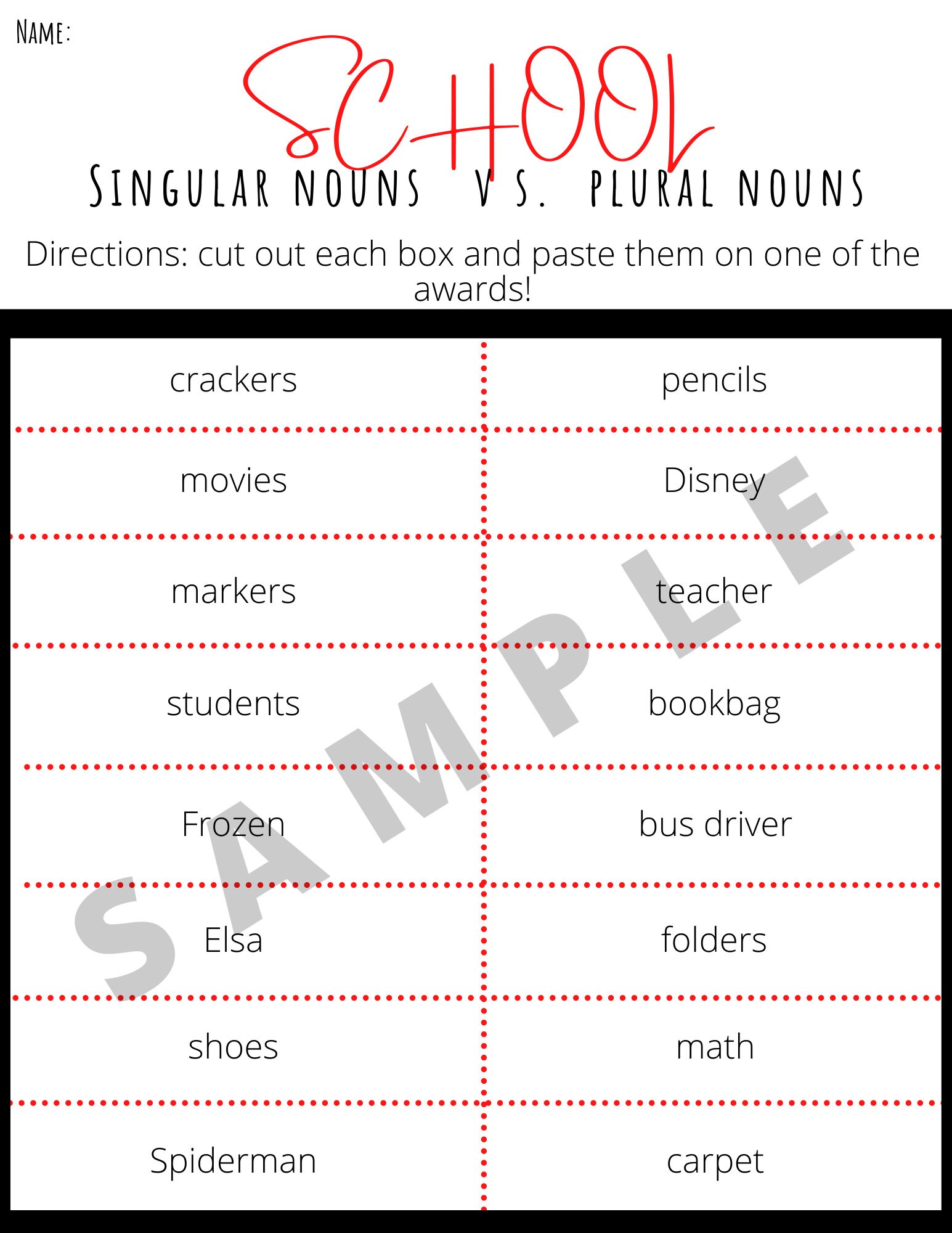 Singular VS Plural Nouns (writing, Identifying, Cut & Paste) 4 ...