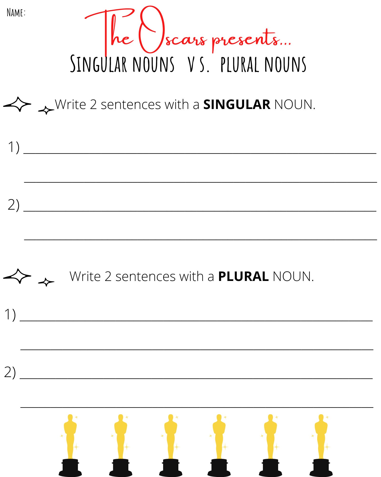Oscars Singular, Plural, Common and Proper Nouns Writing, Identifying ...