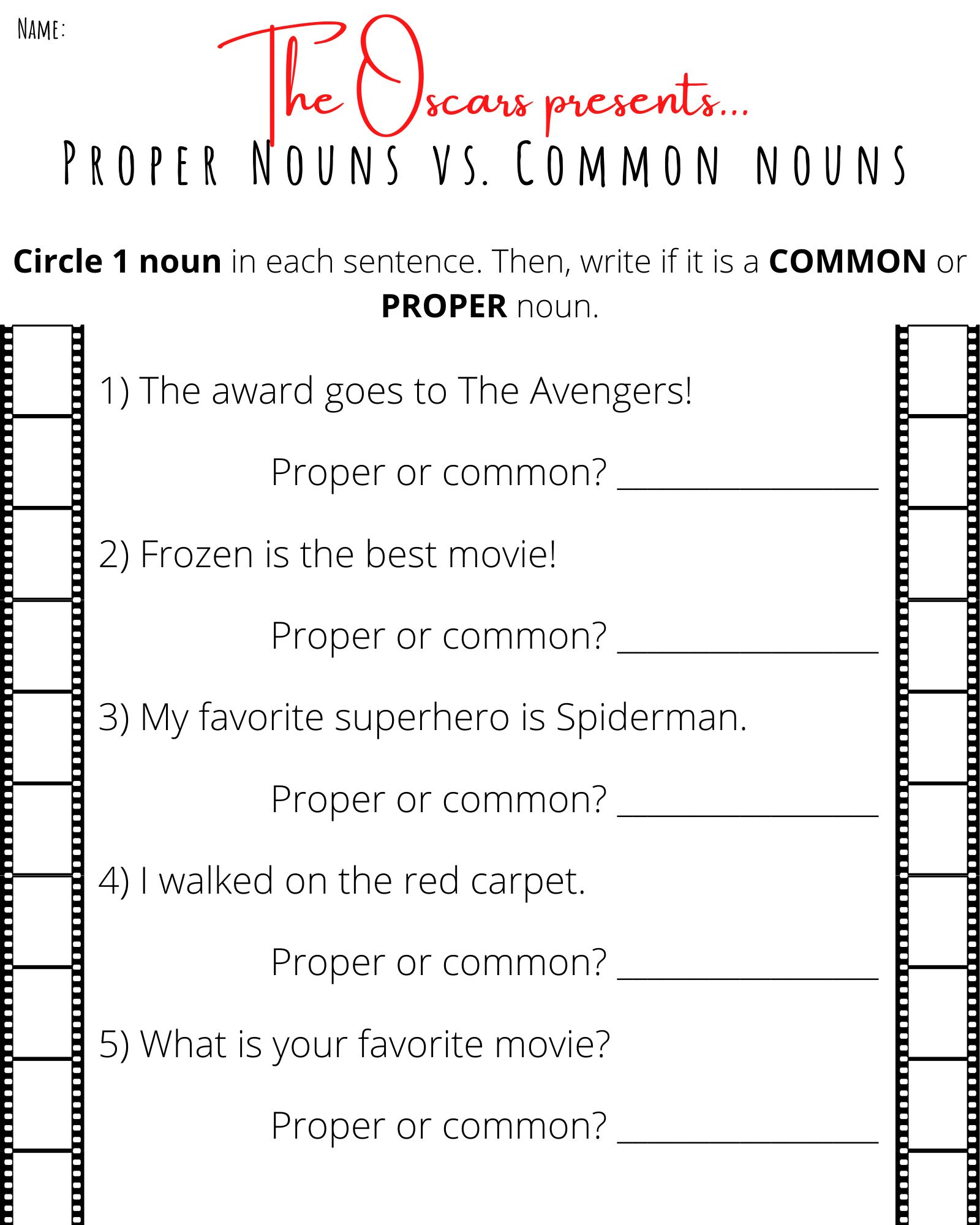 Oscars Singular, Plural, Common and Proper Nouns Writing, Identifying ...