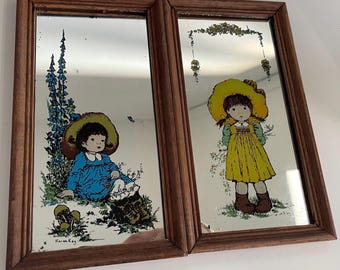 Vintage Sarah Kay Wall Mirror in Wooden Frame, Holly Hobbie Mirror Wall ...