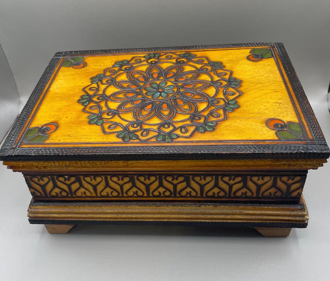 Vintage Polish Old Folk Carved Wooden Box, Jewelry Box, Storage Box ...