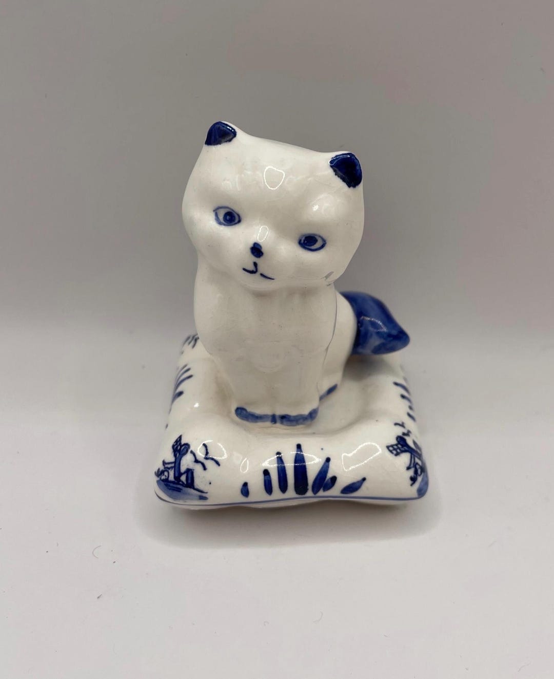 Vintage Dutch Delft Blauw Hand Painted Porcelain Cat Sitting on a ...