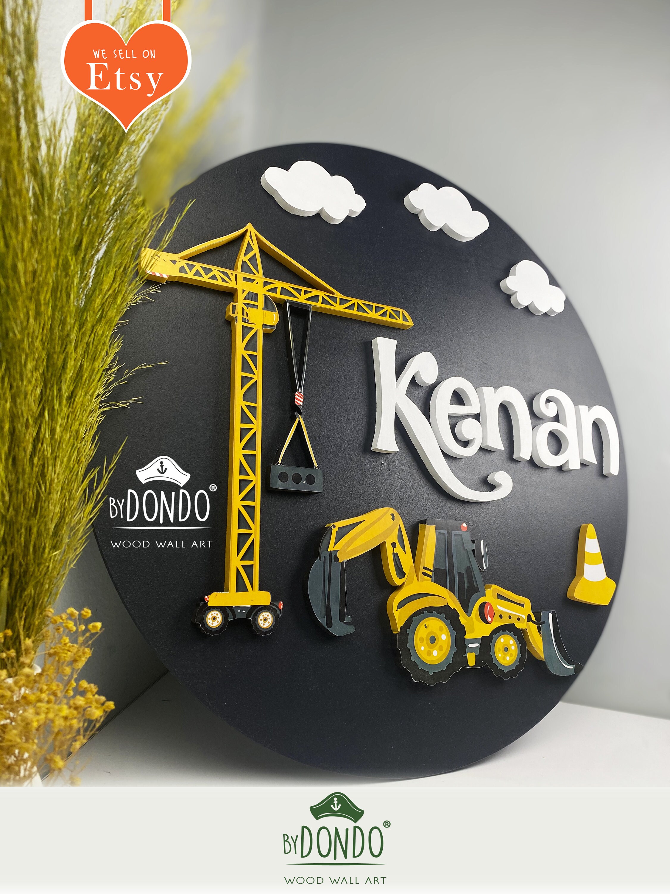 Construction Signs for Kids Room, Round Nursery Name Sign, Custom Name ...