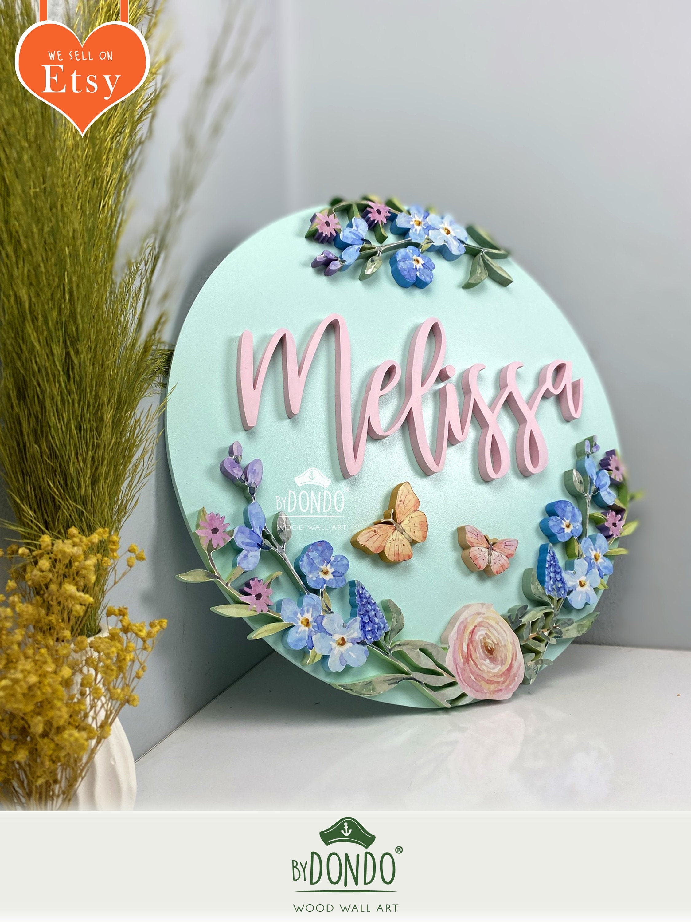 Round Wood Girl Name Sign Girl Name Sign Floral Arch | Etsy