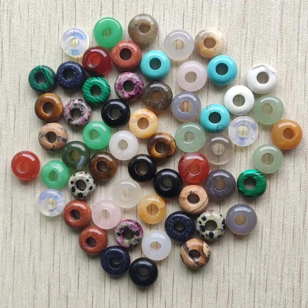 50pcs Natural Stone Mix Round Charms Big Hole Charms Euro Beads 10mm ...