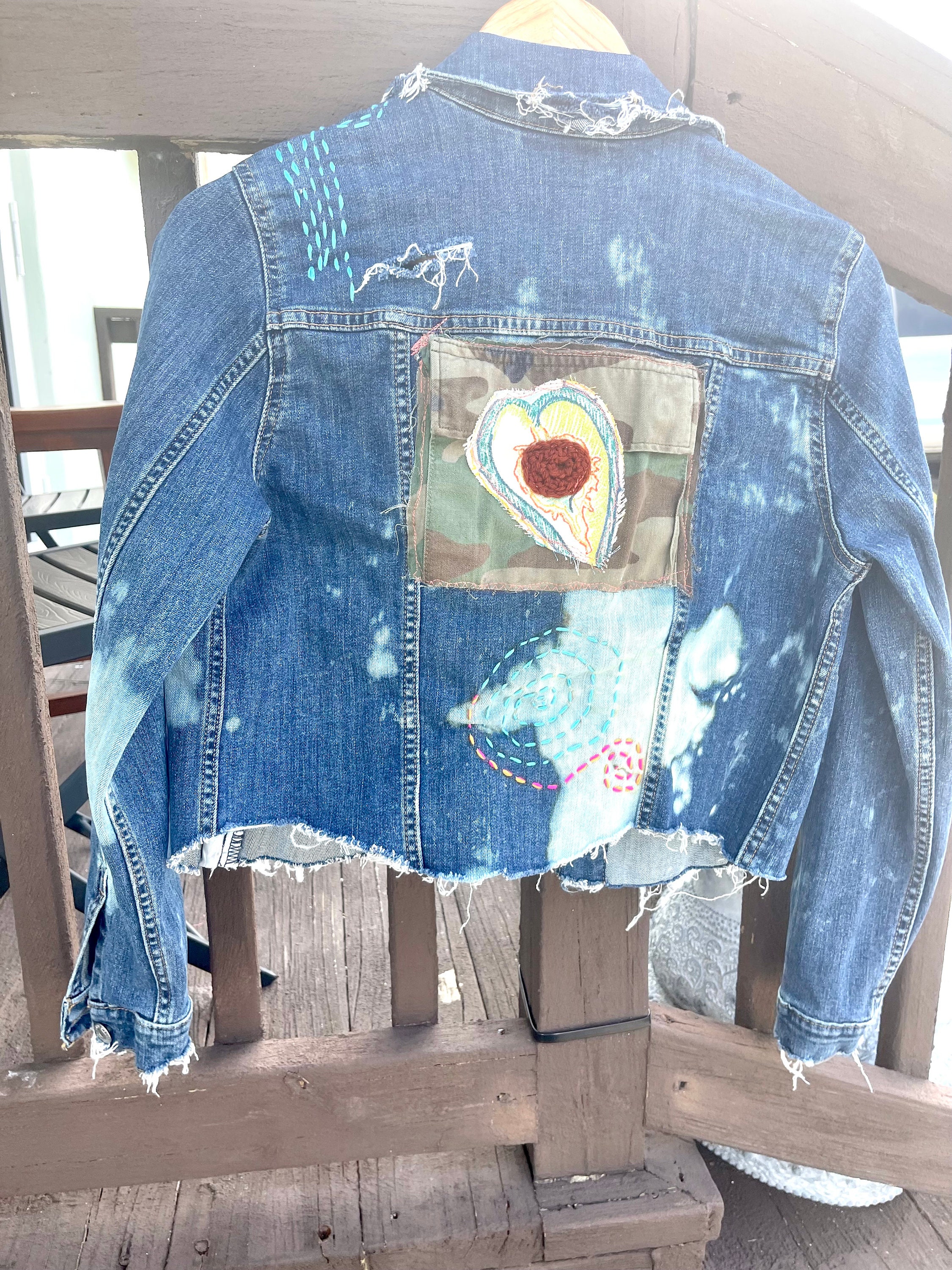 Denim Jacket Cropped, Embellished, Bleach Painted, Sashiko Inspired Top ...