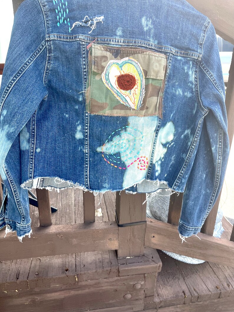Denim Jacket Cropped, Embellished, Bleach Painted, Sashiko Inspired Top ...