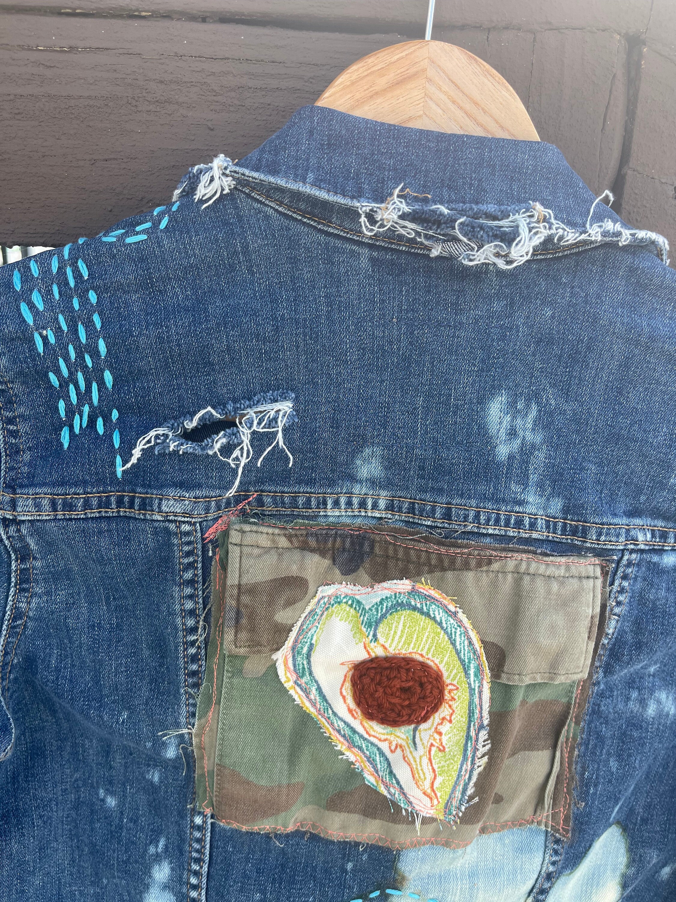 Denim Jacket Cropped, Embellished, Bleach Painted, Sashiko Inspired Top ...