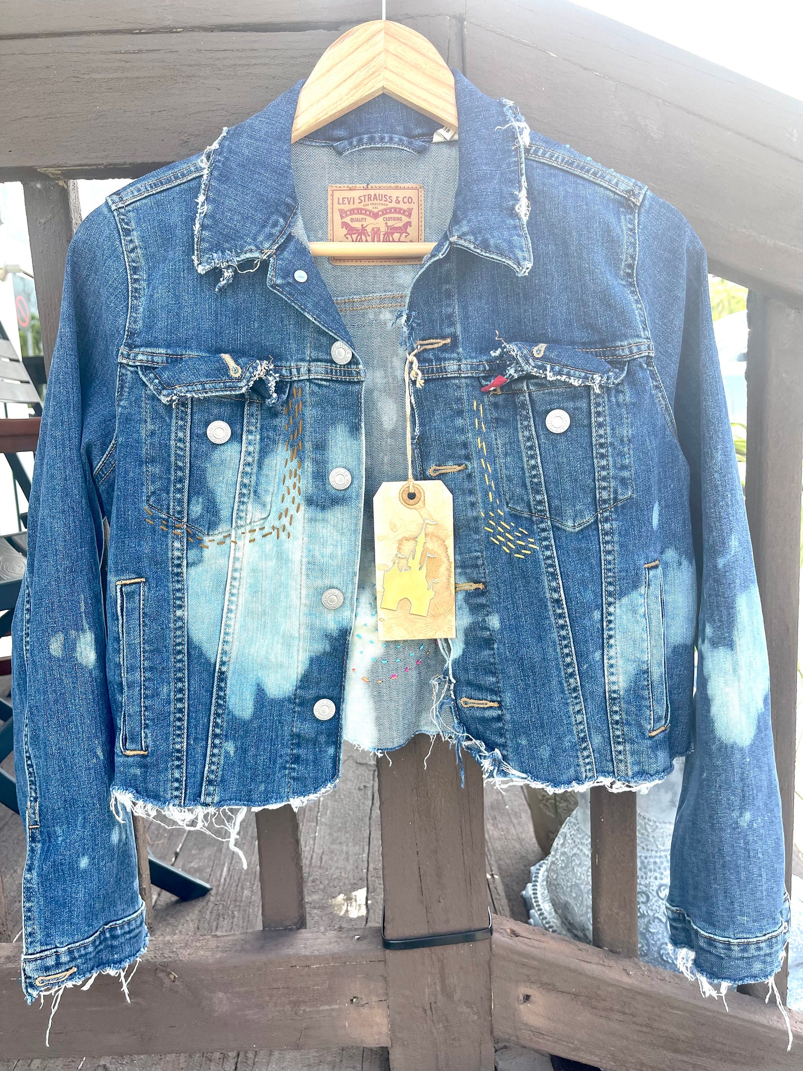 Denim Jacket Cropped, Embellished, Bleach Painted, Sashiko Inspired Top ...