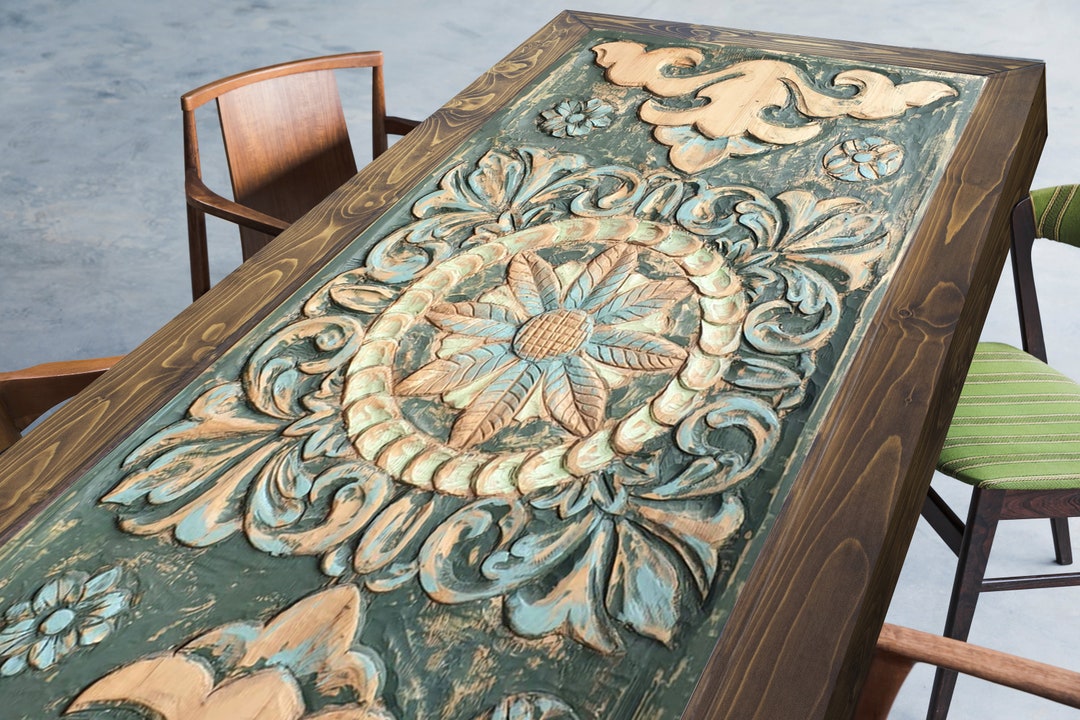 Hand Carved Wood Dining Table: Rustic Floral Design (75x35x30 Inches - Etsy