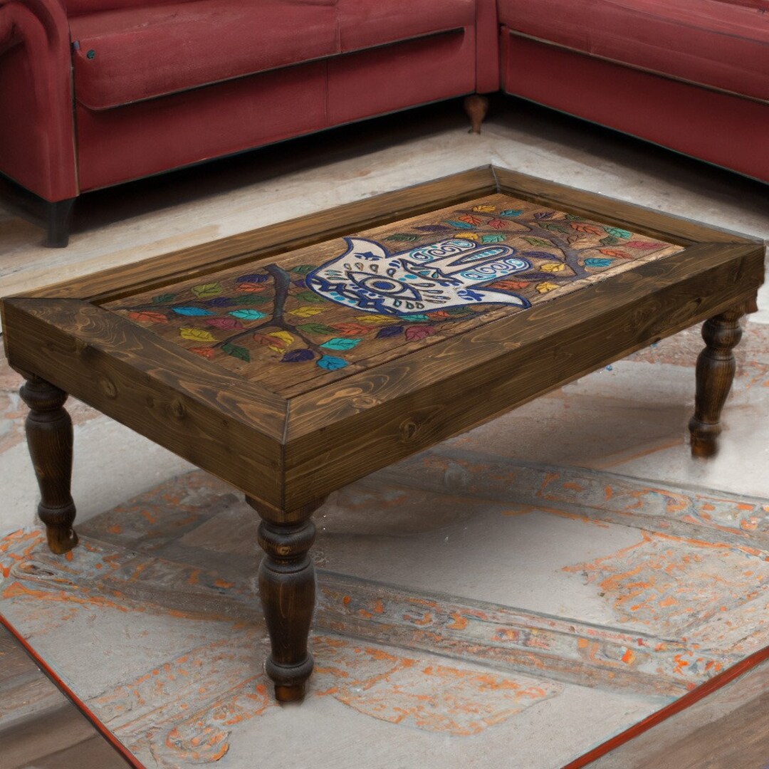 Hamsa Evil Eye Wood Coffee Table, Architectural Wooden Coffee Table ...