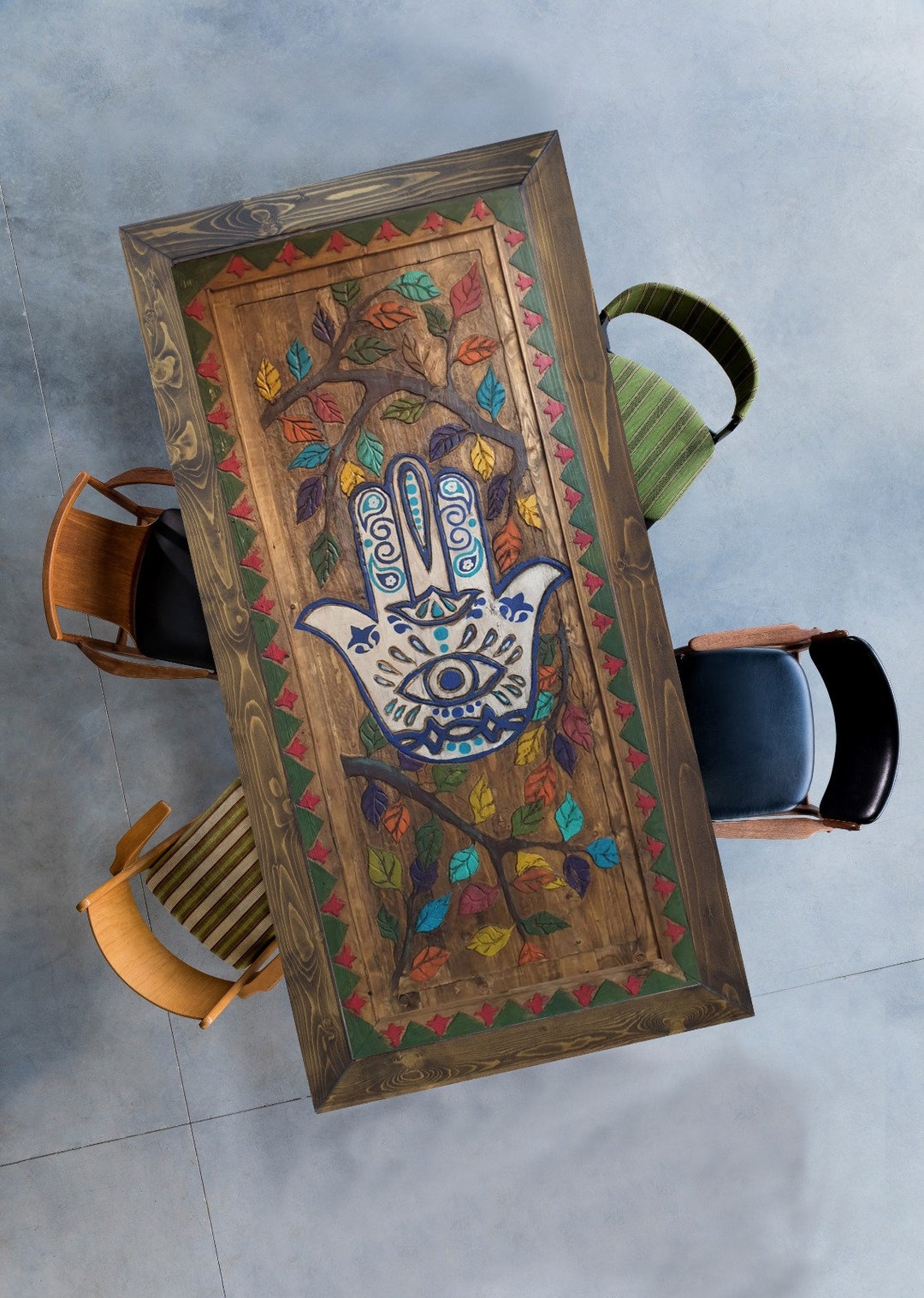 Hamsa Evil Eye Wood Table Architectural Wooden Table, Studio Barn Table ...