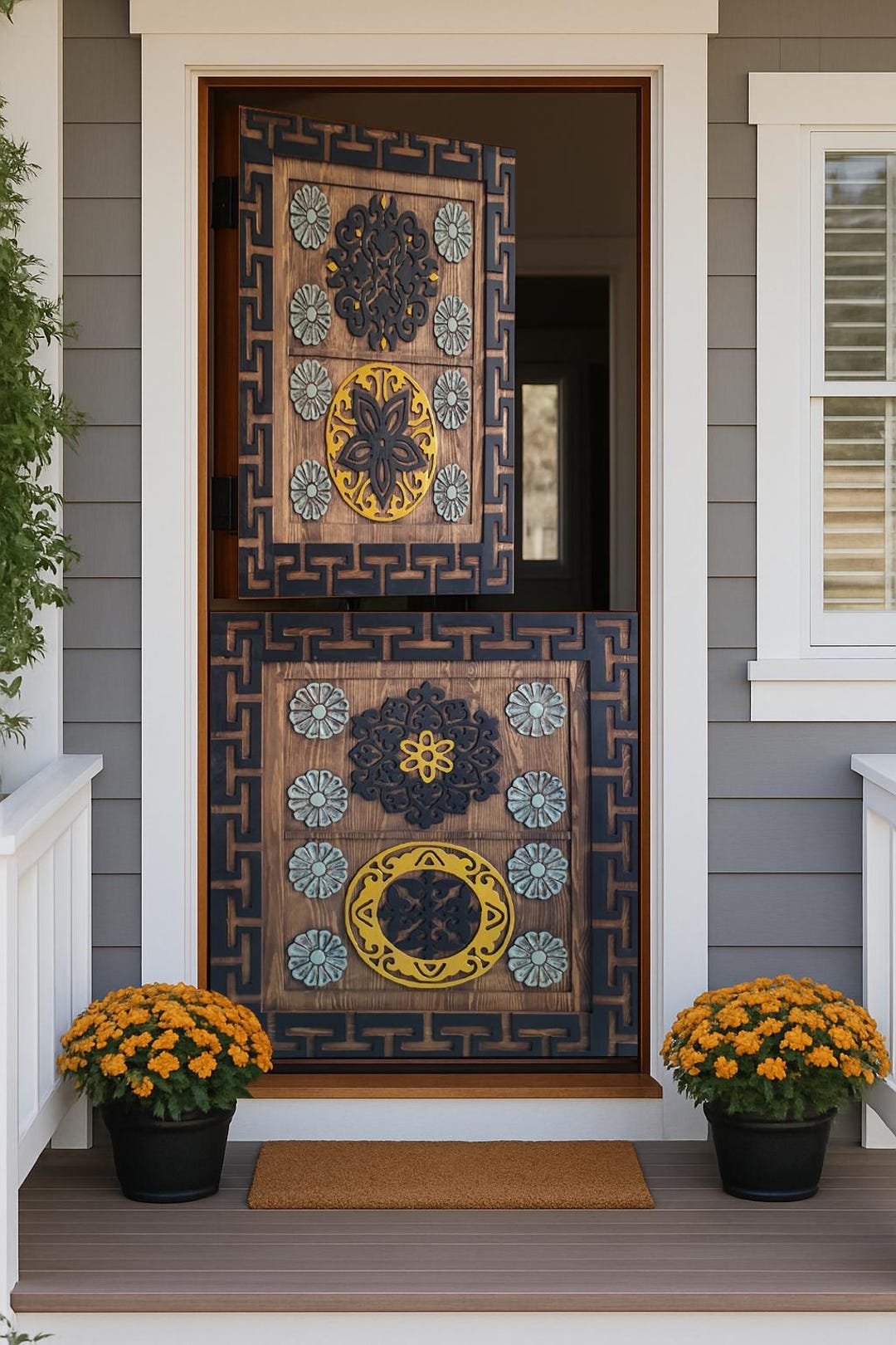 Hand-carved Dutch Door: Rustic Floral Geometric Wood Entry - Etsy