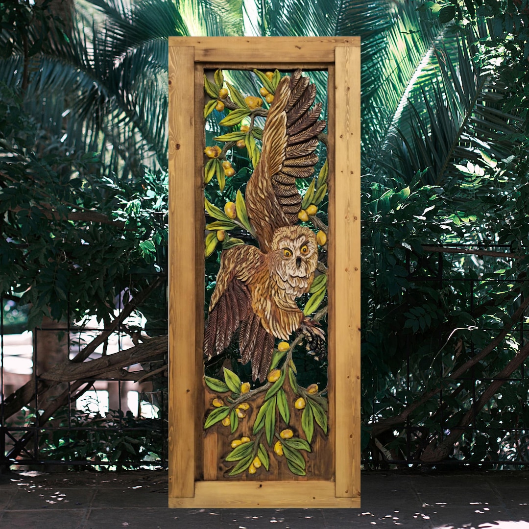Hand Carved Owl Barn Door, Hand Painted Owl Wooden Door, Nature ...