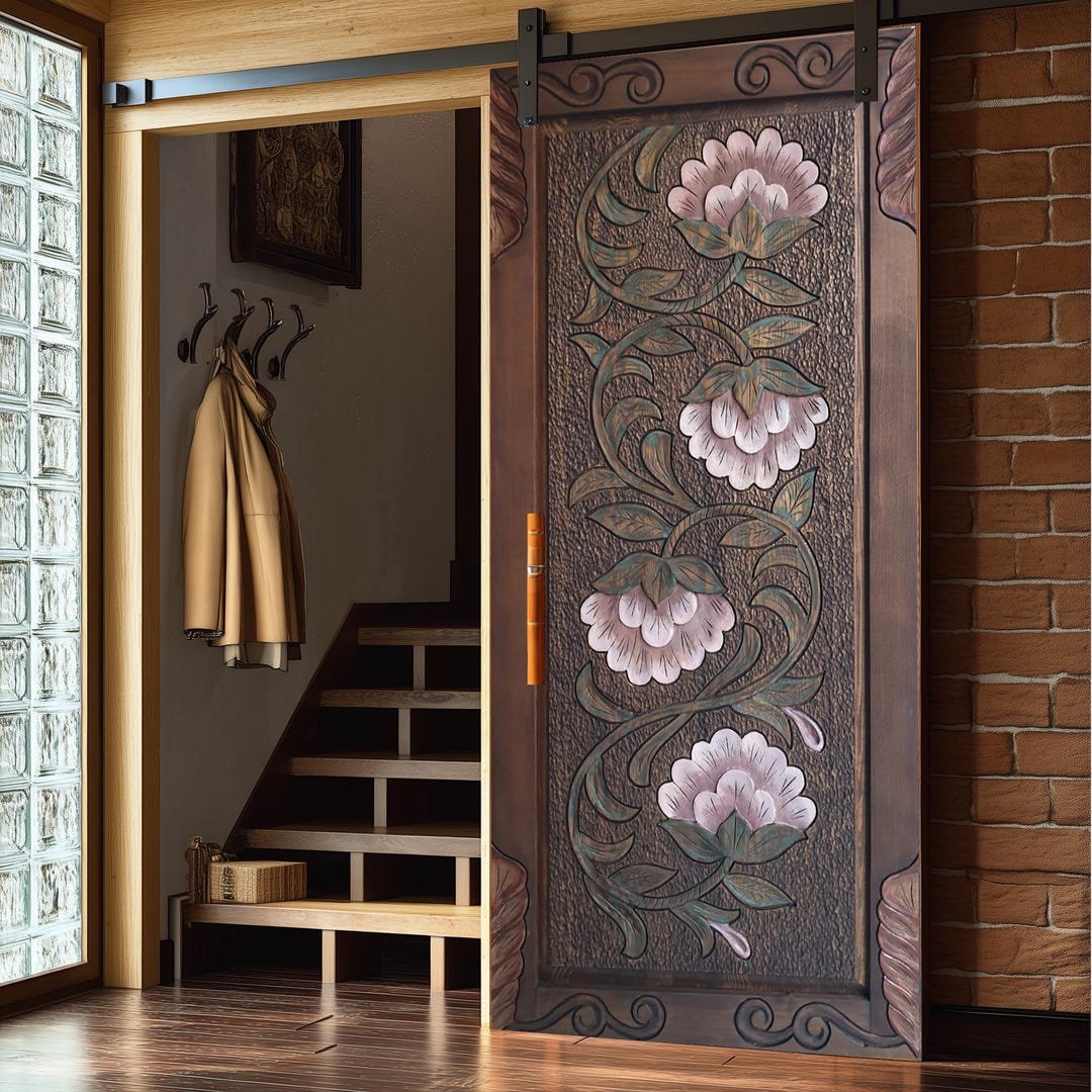 Hand-carved Floral Barn Door: Rustic Boho Sliding Wood Door - Etsy