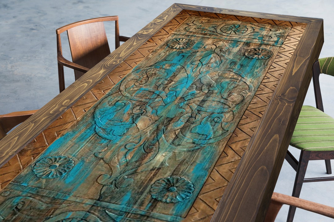 Hand-carved Wood Dining Table: Custom Farmhouse Design (75x35x30 Inches ...