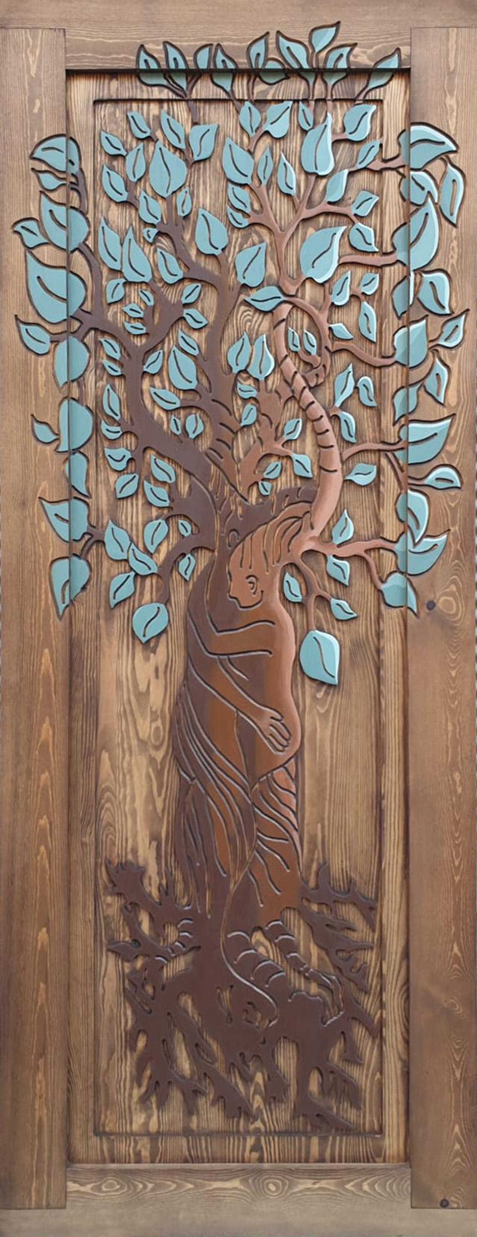 Tree of Life Couple Wooden Door, Hand Carved Lovers Design, Romantic ...