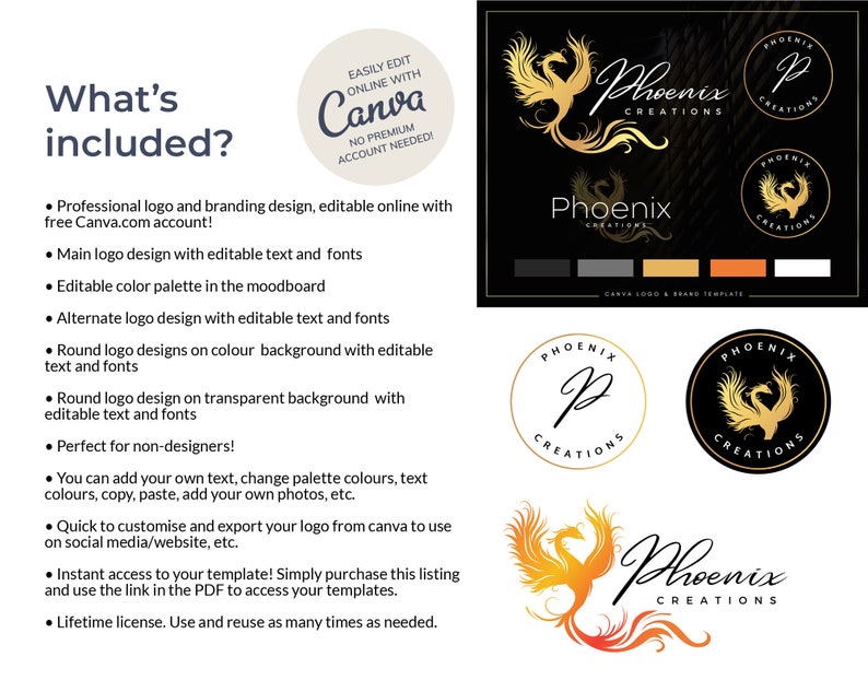 Phoenix Logo Design: Editable Brand Template Canva (PDF Download) - Etsy