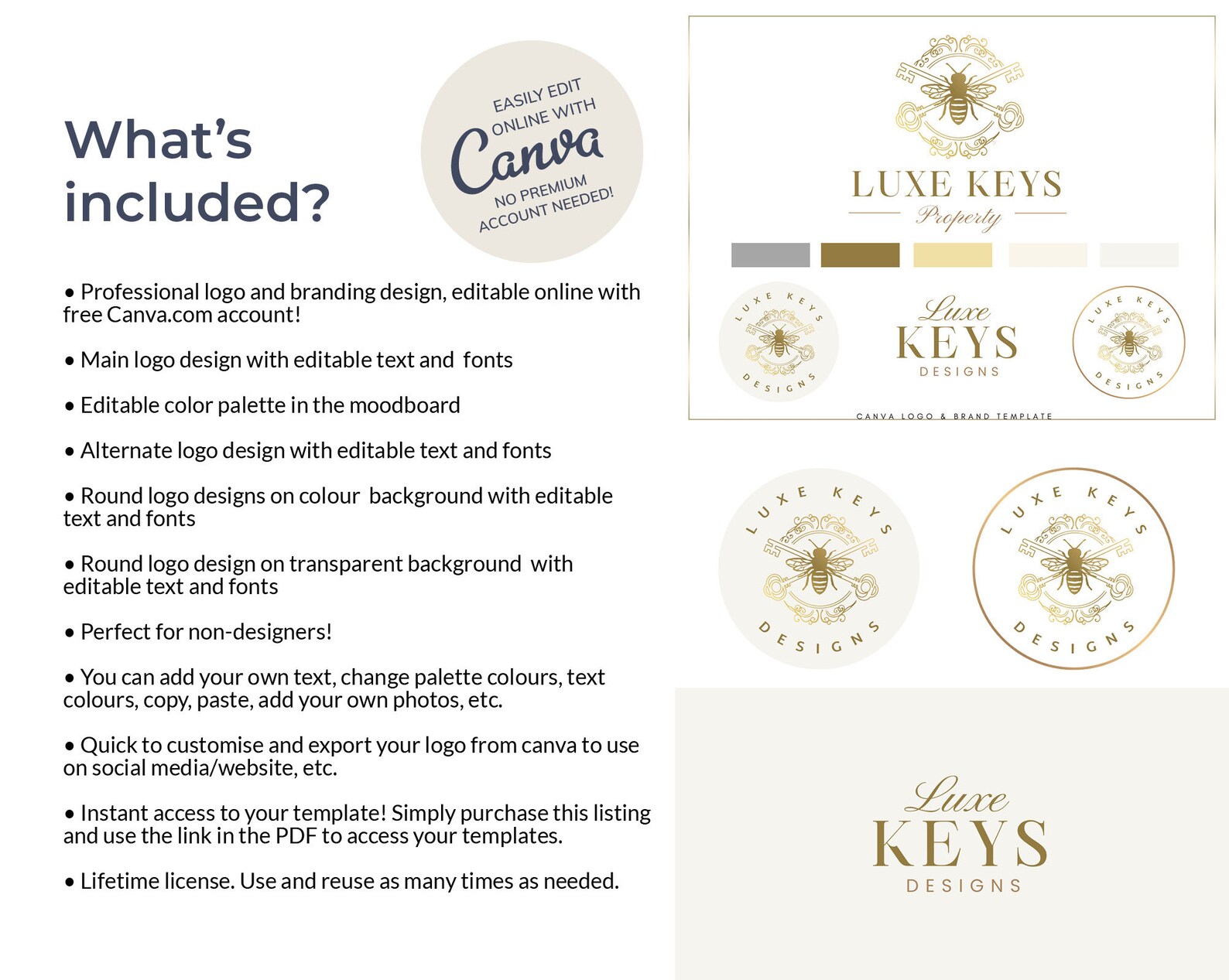 Bee and Keys Logo Design Gold Bee Logo Template Investment - Etsy