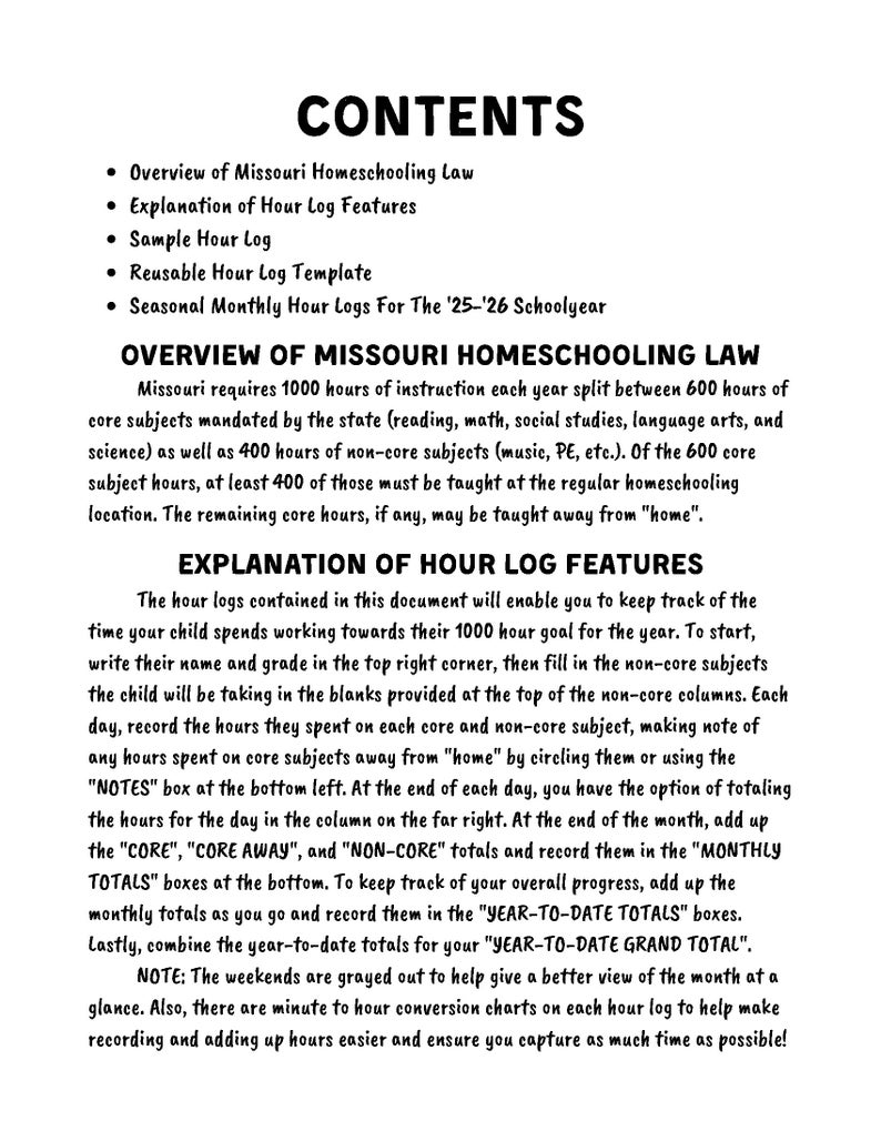 Missouri Homeschool Hour Log 2025-2026 - Seasonal - Etsy