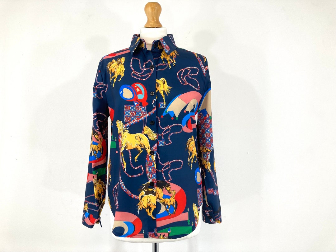 Horse Print Blouse / Tinya / Blue / Red / Horses / Modern Vintage / Unsized - Etsy