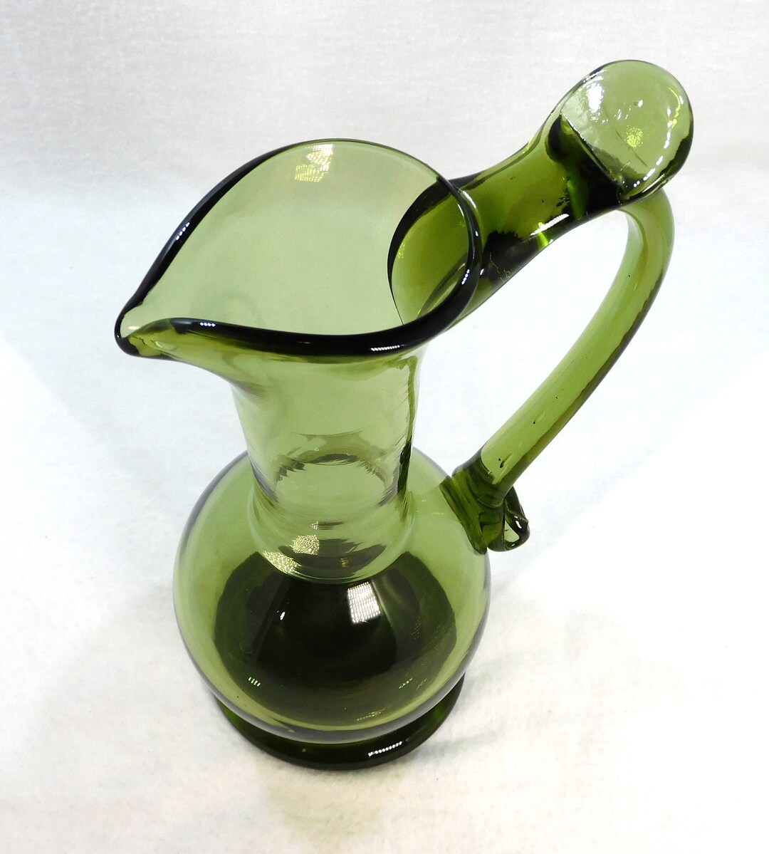 Vintage MCM Art Glass Pitcher Hand Blown Olive Green Heavy Glass Drop ...