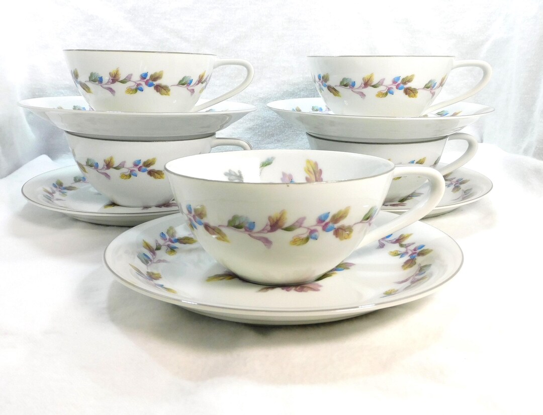 Noritake Nippon Toki Kaisha MCM Set 5 Cups & 5 Saucers: Purple Leaves ...
