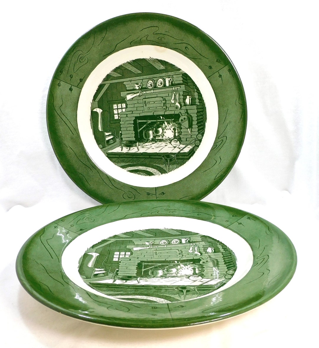 MCM Royal China Colonial Homestead Pair Dinner Plates Green Border ...