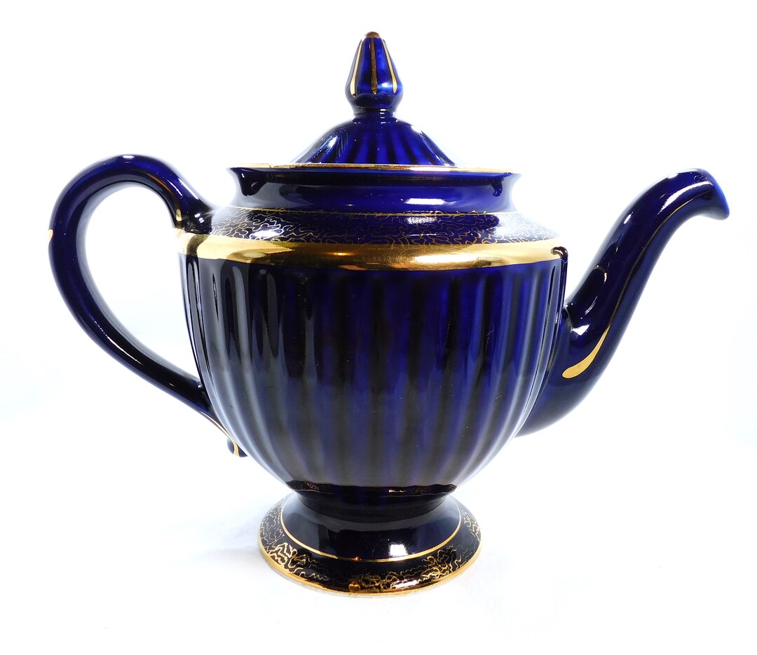 Mid Century Hall Marked Teapot & Lid Cobalt Blue Base Gold Netted ...