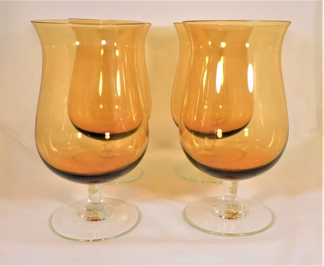 MCM Set 4 Dark Yellow Glass Goblets Hand Blown Tulip Bowl Clear Stems 6 ...