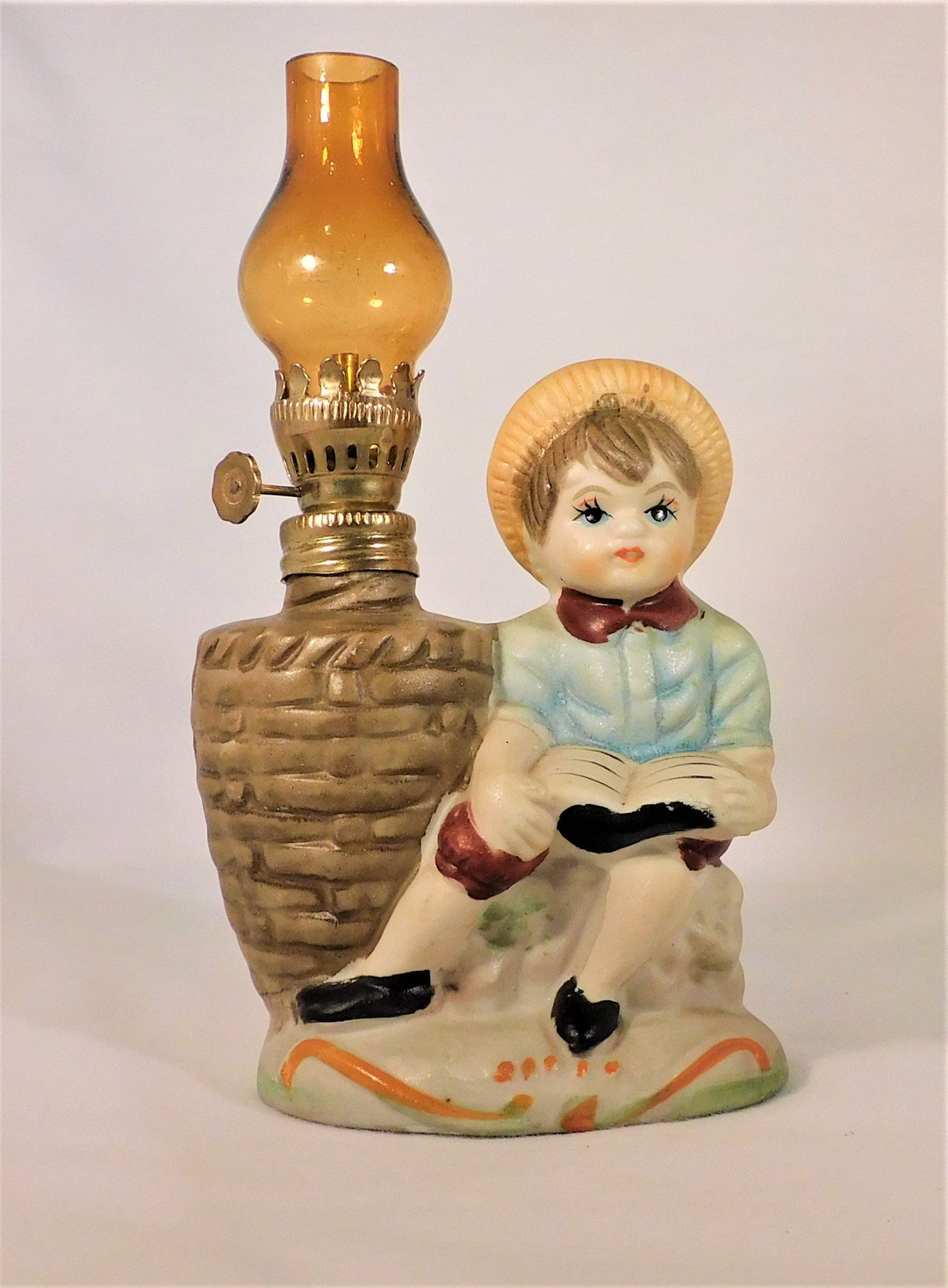 Miniature Oil Lamp Little Boy Sitting Near Basket Ceramic Amber Shade ...