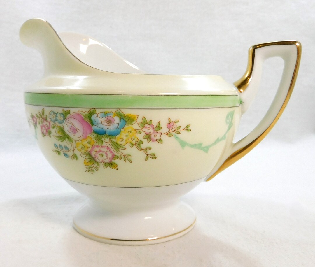 Vintage Meito Japan Creamer Porcelain Floral Garden Pattern Green Band ...