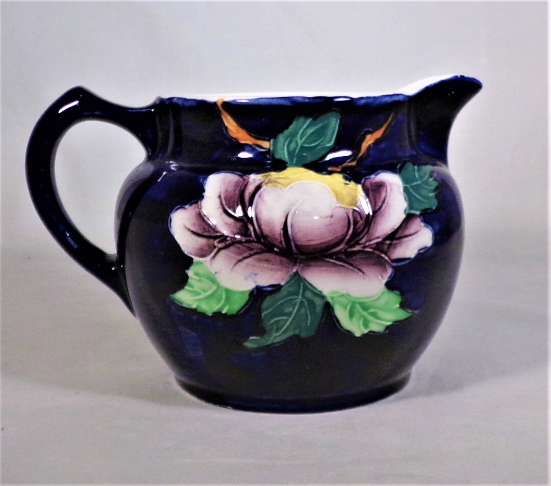 English Porcelain Creamer Pitcher Cobalt Blue Yellow & Pink Peony ...