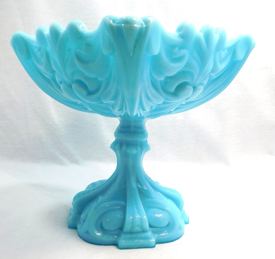 Vintage 1930s French Portieux Vallerysthal Opaline Blue Milk Glass Compote Pedestaled Dish Heavy ...