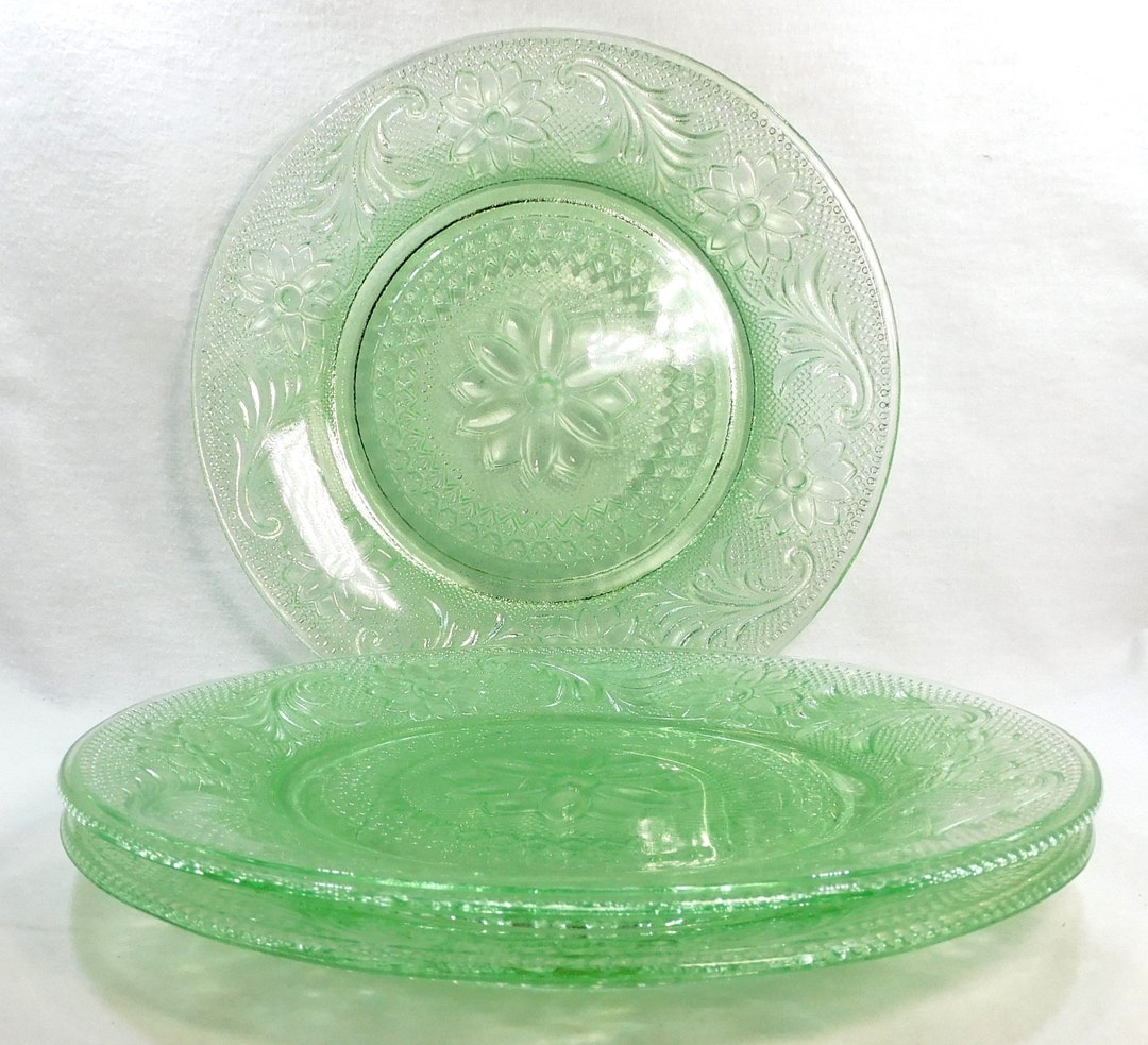 Vintage Tiara Set 3 Lunch Plates Chantilly Heavy Green Glass Sandwich ...