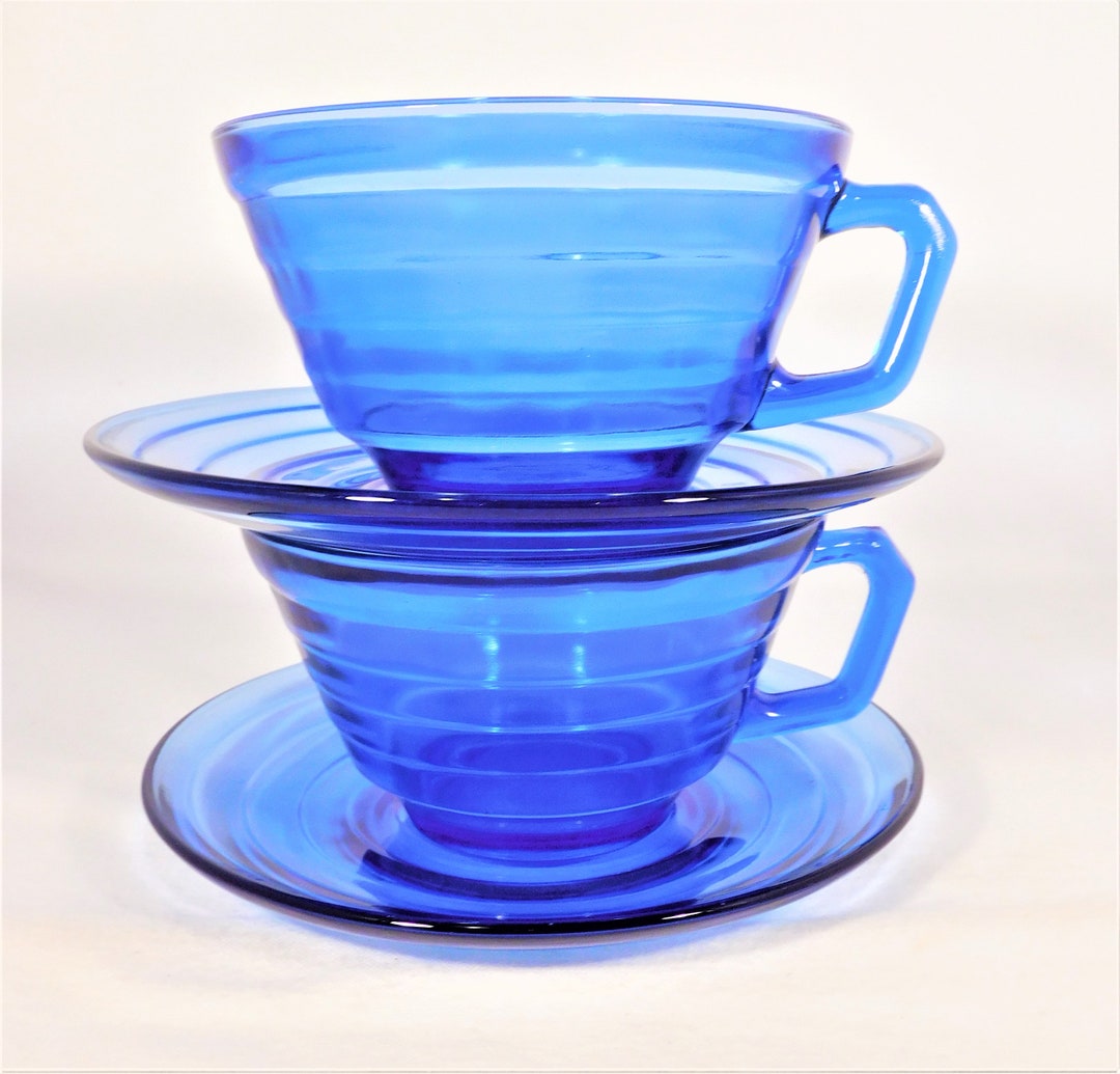 Hazel Atlas Pair Cups & Saucers Moderntone Pattern Cobalt Blue Glass ...