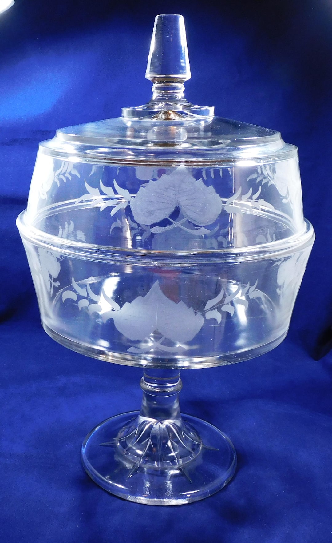 Antique EAPG Large Covered Clear Glass Compote: Etched Leaves Base ...