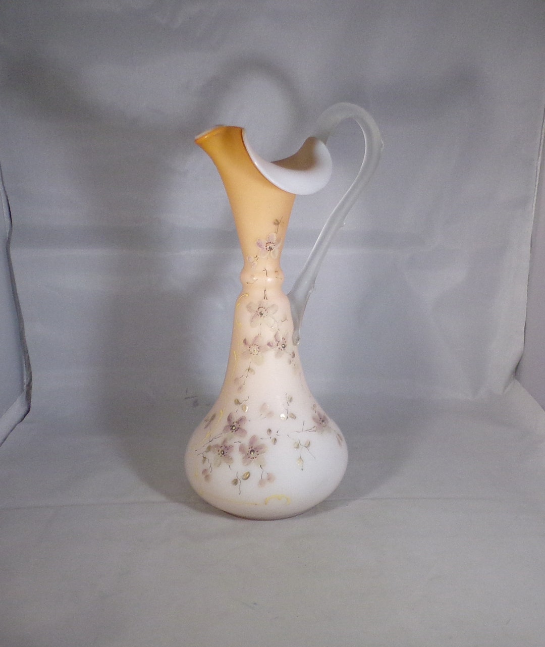 Antique Fancy Pitcher Peach Satin Glass Hand Painted Violets Clear ...