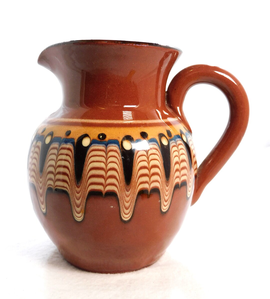 Small Pitcher Round Terra Cotta Drip Pattern Shiny Glaze Brown Black ...