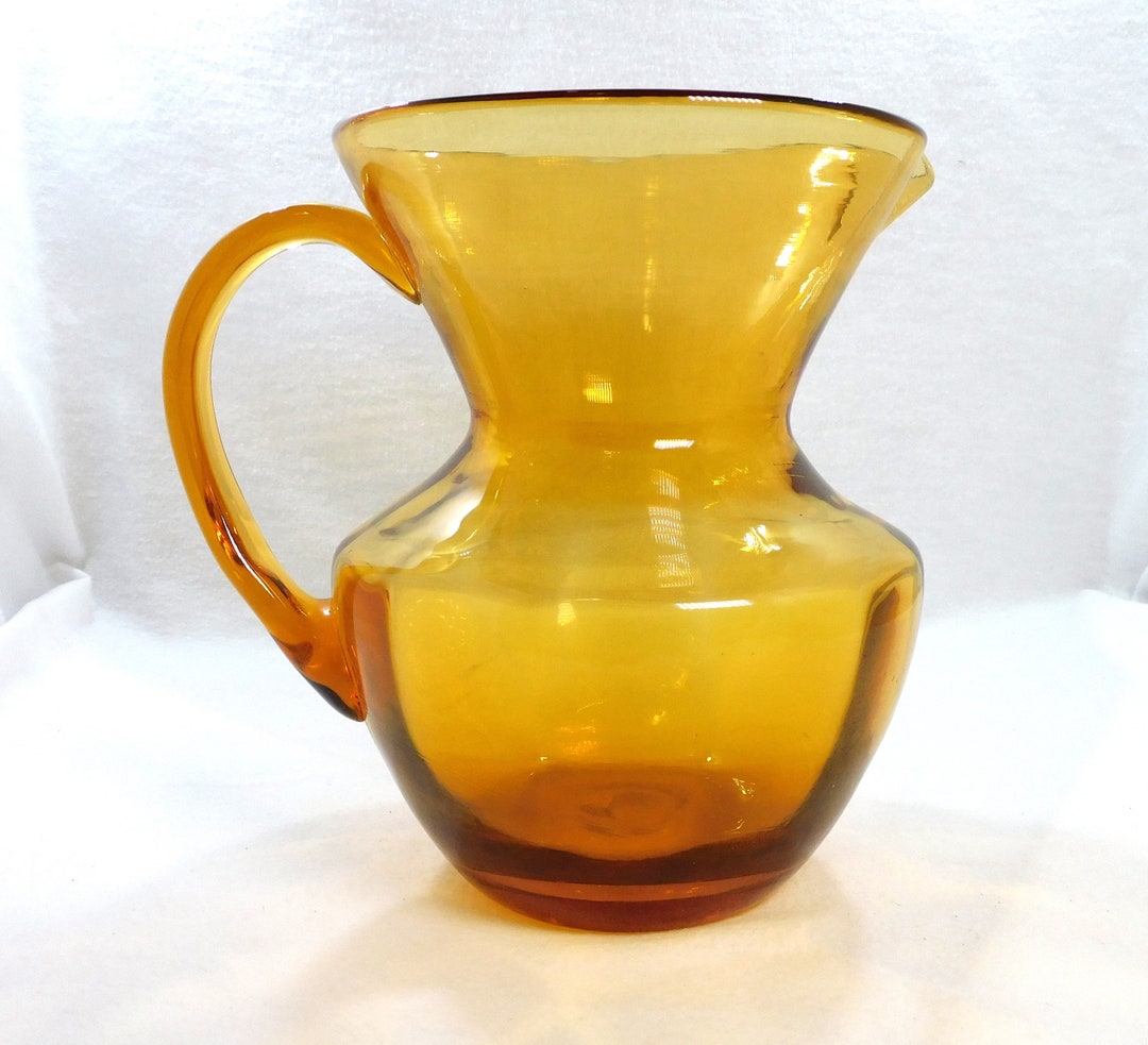 MCM Amber Glass Pitcher Hand Blown Pontil Base Applied Handle 6.25 ...